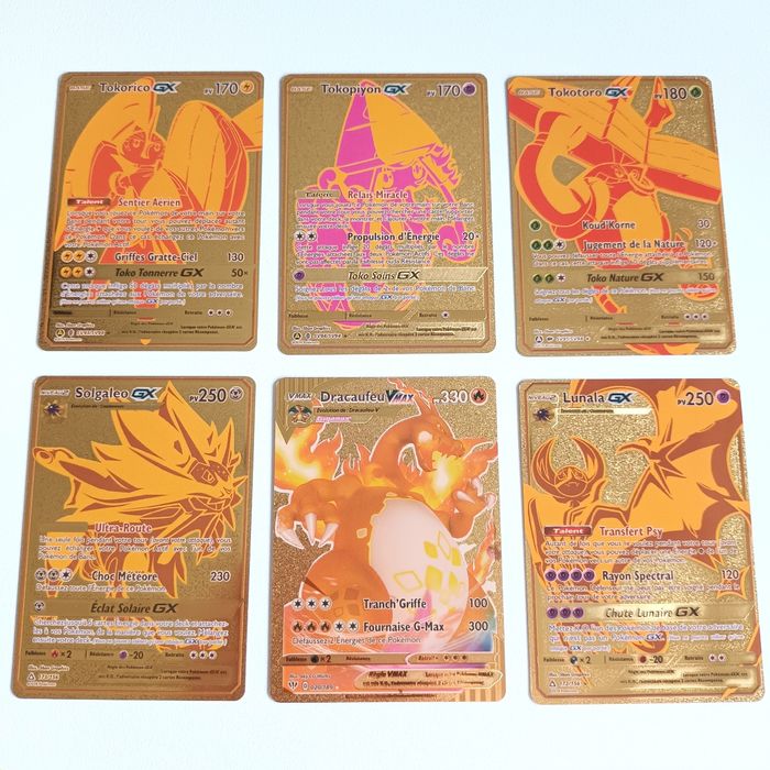 Lot de 6 Cartes Pokémon Effet feuille D'Or - Dracaufeu Vmax ,Solgaleo ...