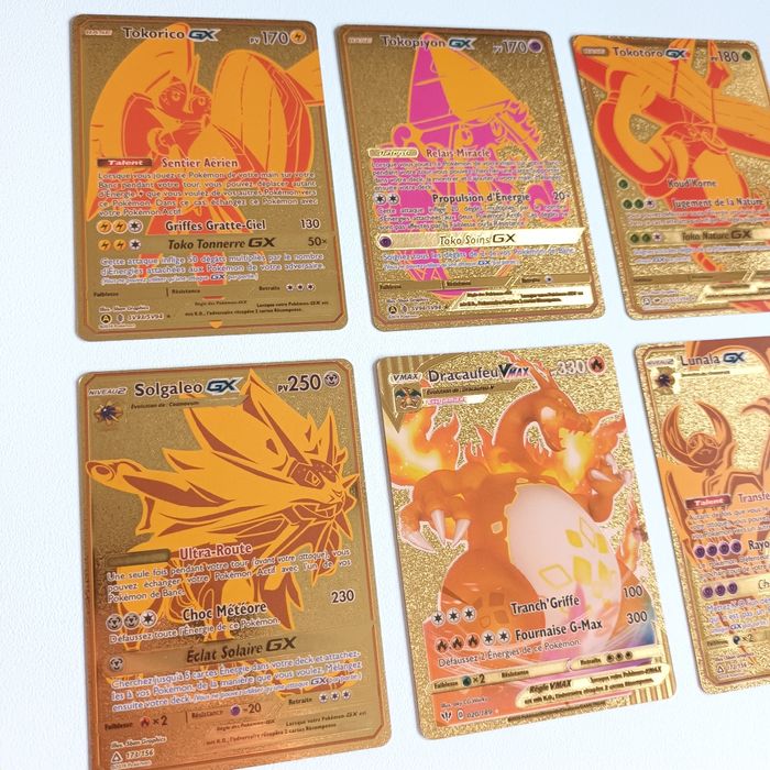 Lot de 6 Cartes Pokémon Effet feuille D'Or - Dracaufeu Vmax ,Solgaleo ...